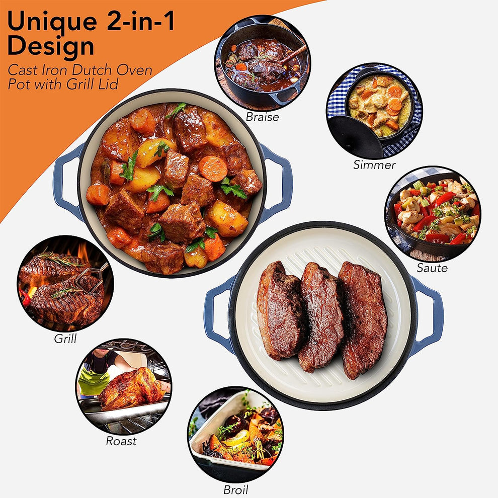 2-in-1 Enameled Cast Iron Braiser Pan with Grill Lid - 3.3-Quart ...